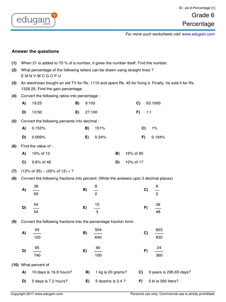 Grade 6 Percentage: Answer The Questions | PDF | Percentage | Fraction ...