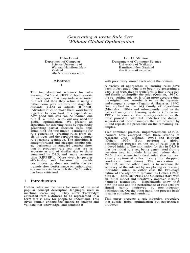 Generating A Urate Rule Sets Without Global Optimization: Abstrac T | PDF | Computer Science ...