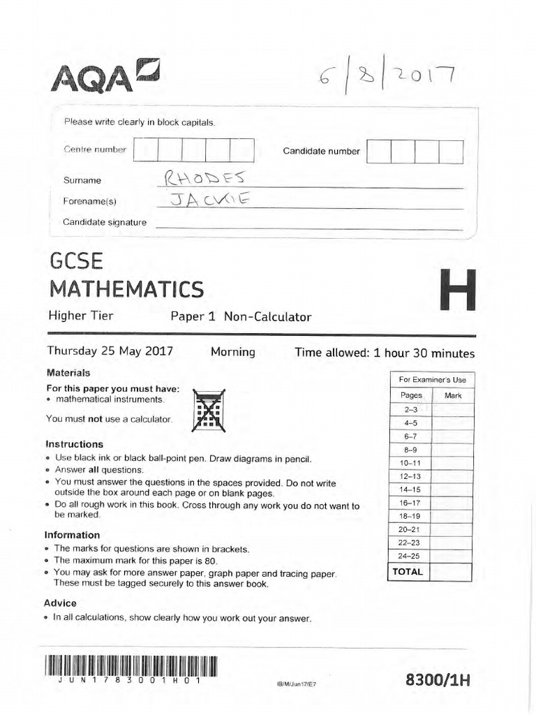 GCSE Maths AQA June 2017 Higher Paper 1 (Worked Solutions) | PDF