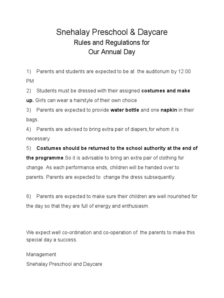Snehalay Preschool & Daycare: Rules and Regulations For Our Annual Day ...