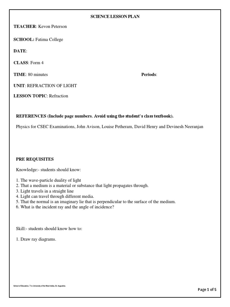 Science Lesson Plan Refraction Light Pdf Refraction Prism