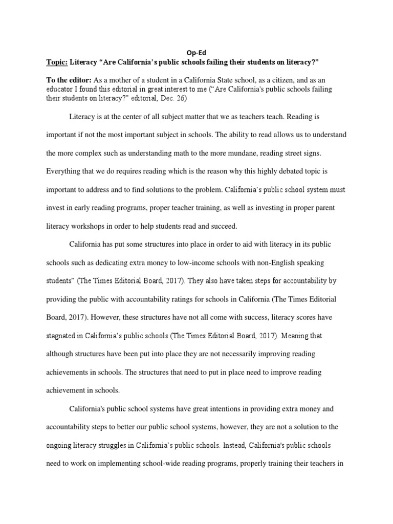 Op-Ed Outline | PDF | Literacy | State School