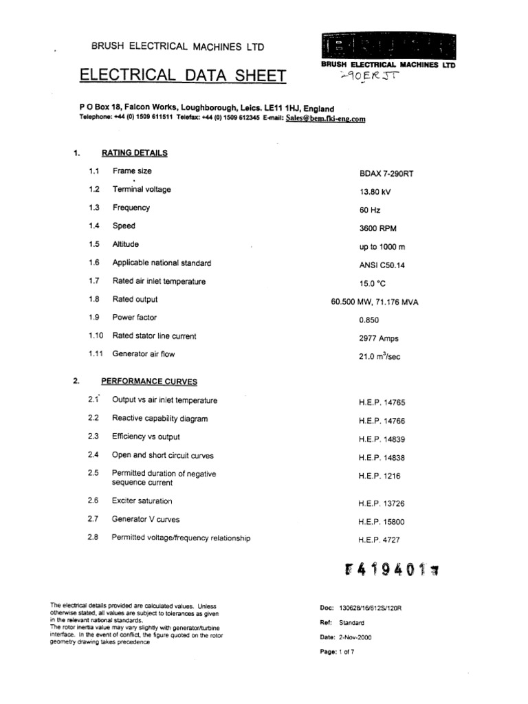 BDAX 7-290ERJT Electrical Data Sheet