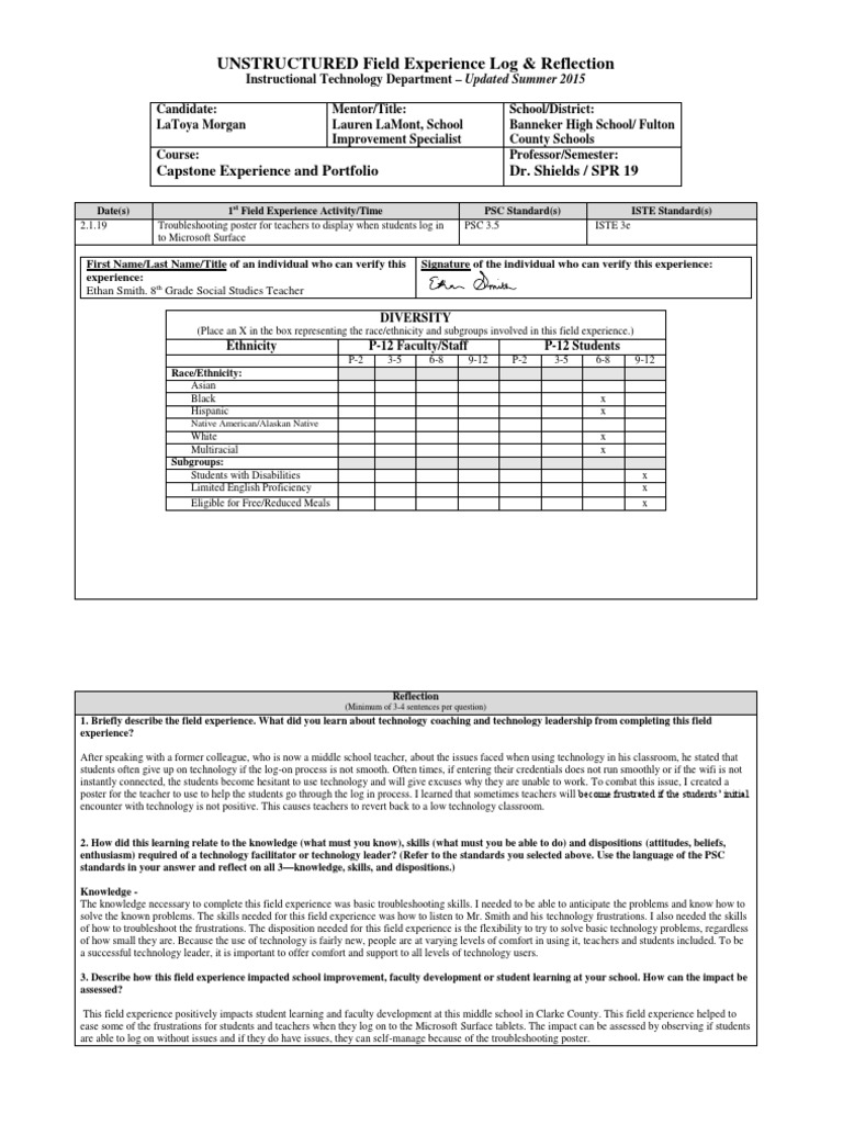 UNSTRUCTURED Field Experience Log & Reflection: Capstone Experience and ...