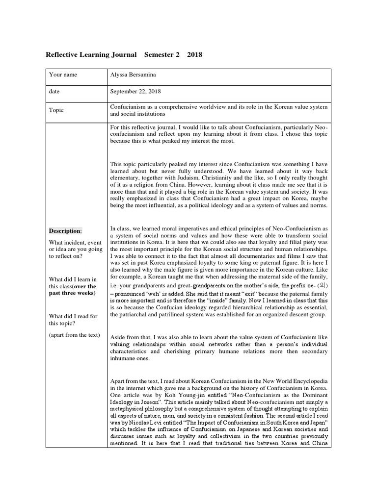 Reflective Learning Journal 1 | PDF | Confucianism | Philosophical Theories