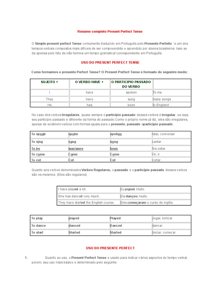 Resumo Completo Present Perfect Tense | PDF | Assunto (gramática) | Sintaxe