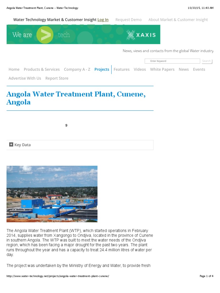 Angola Water Treatment Plant, Cunene, Angola: Water Technology Market ...