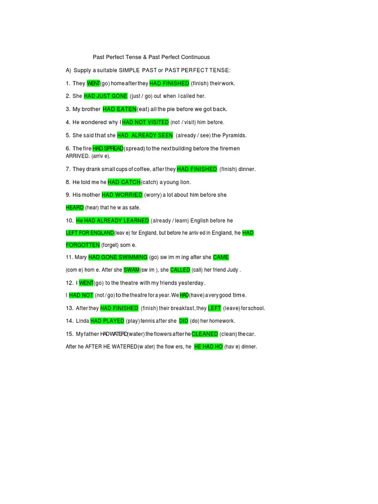 Past Perfect & Continuous Tense Exercises | PDF | Food And Drink | Grammar
