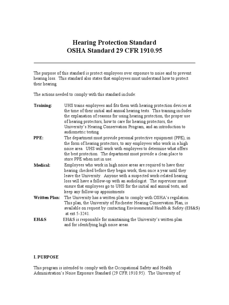 Hearing Protection Standard OSHA Standard 29 CFR 1910.95: Training ...