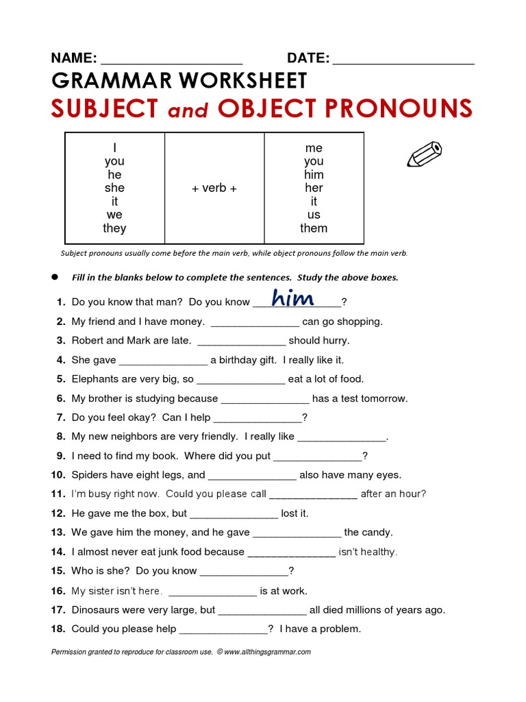 Subject and Object Pronouns Worksheet | PDF | Object (Grammar ...