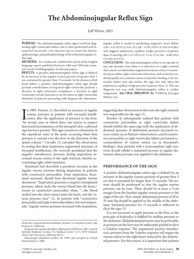 The Abdominojugular Reflux Sign: Jeff Wiese, MD | PDF | Ventricle ...