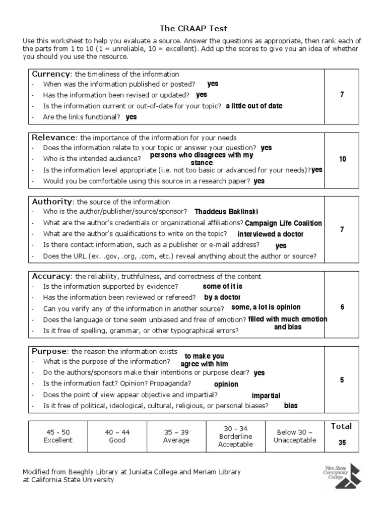 CRAAP Test Worksheet | PDF | Epistemology | Psychological Concepts