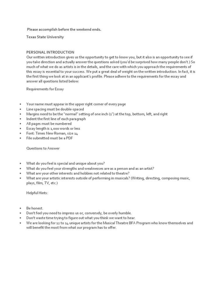 Texas State Essay Requirements Guide | PDF | Career & Growth