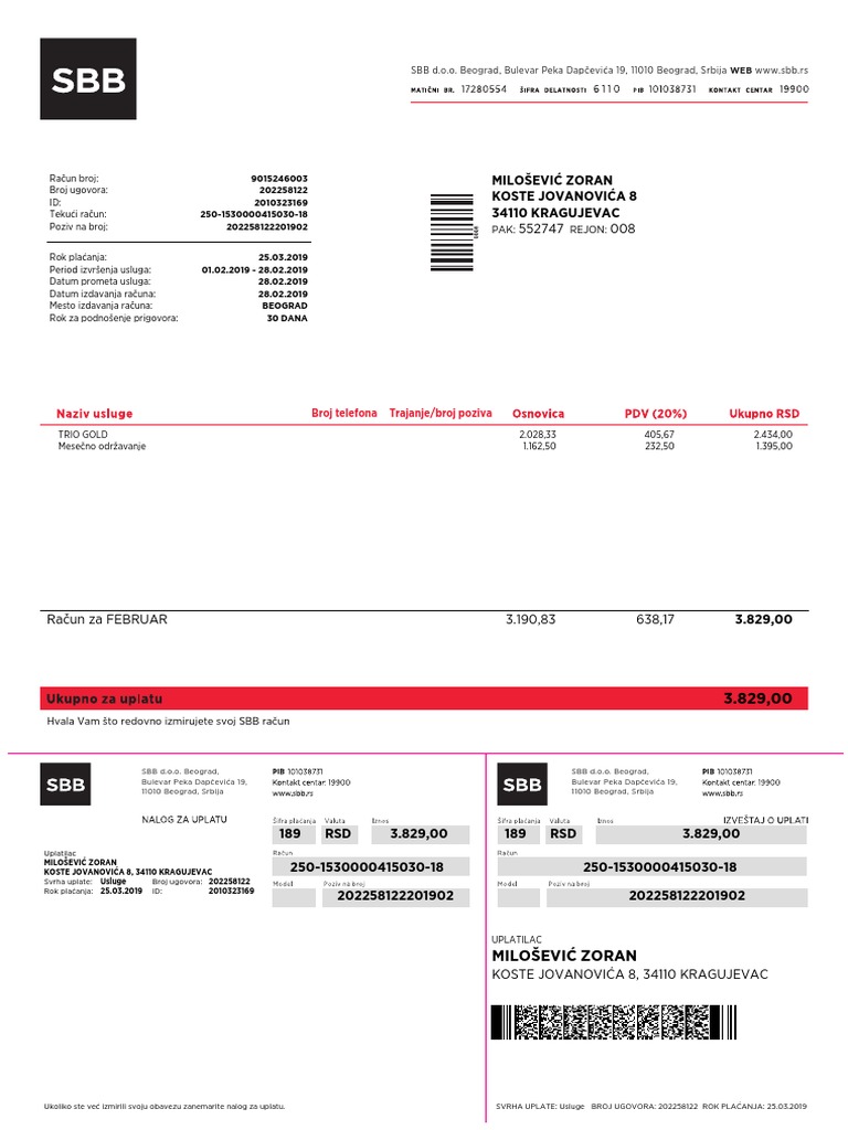 Racun Za SBB Usluge, 2.2019
