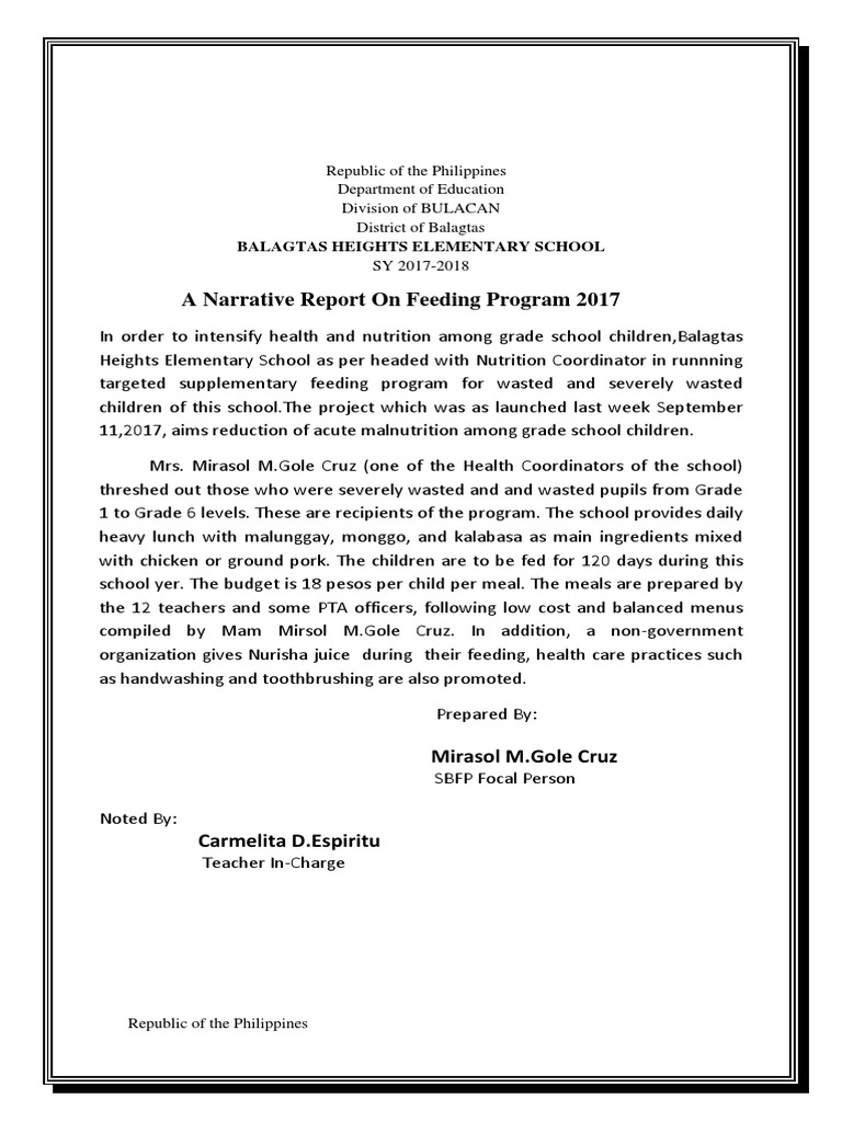 A Narrative Report On Feeding Program 2017 | PDF