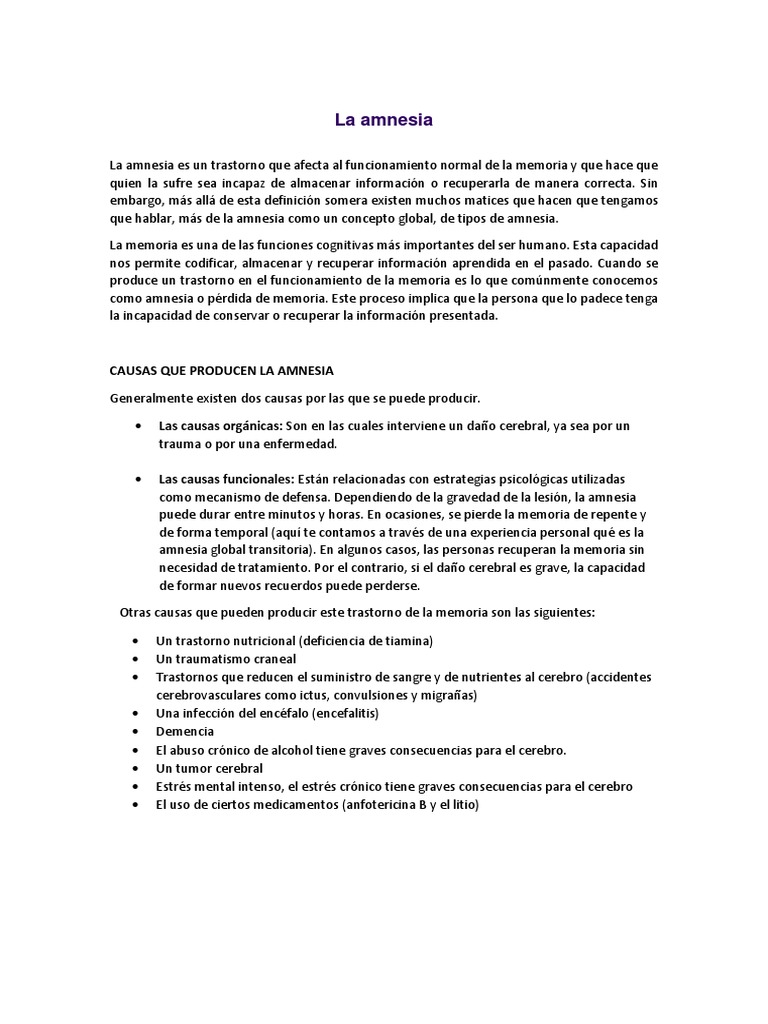 Comprendiendo La Amnesia Tipos Causas Y Características Pdf