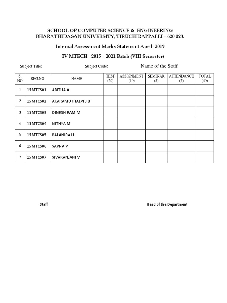 Internal Assessment Marks Statement for IV MTECH Computer Science Students (2015-2021 Batch ...
