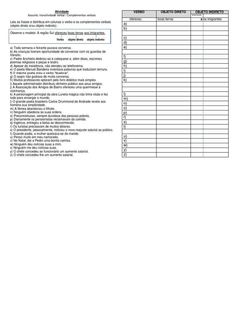 Exercício Complemento Verbal | PDF | Objeto (gramática)