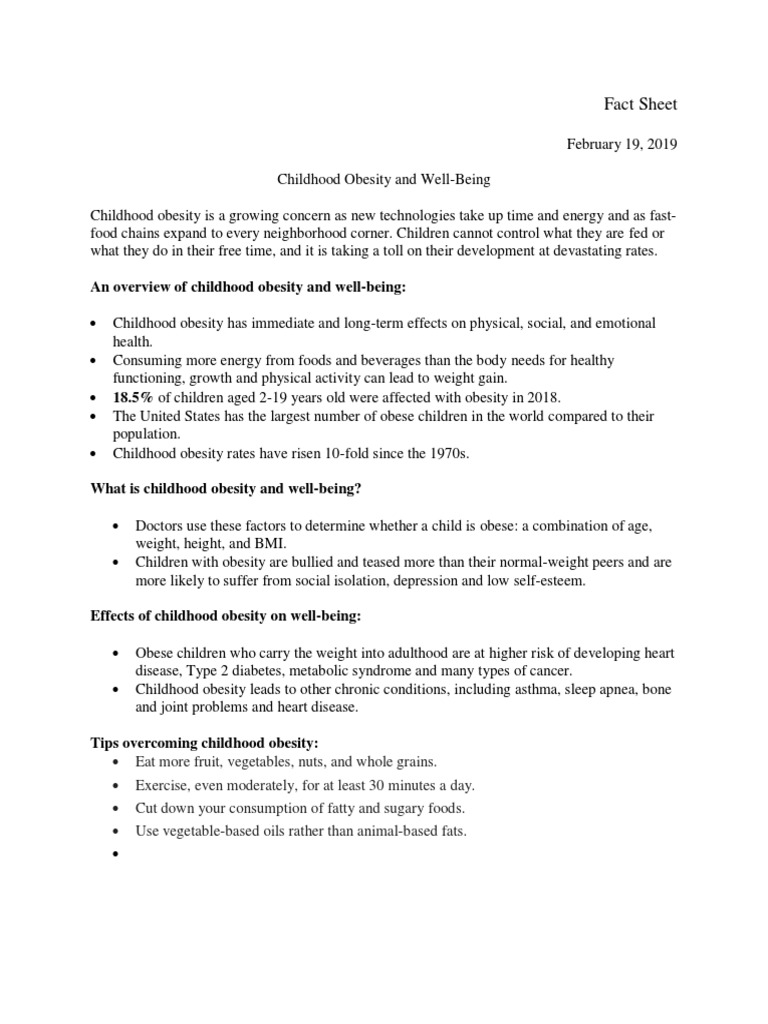 An Overview of Childhood Obesity and Well-Being:: Fact Sheet | PDF