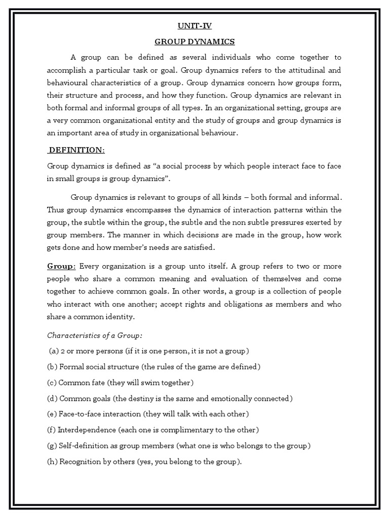 Unit-Iv Group Dynamics: Characteristics of A Group | PDF | Motivation ...