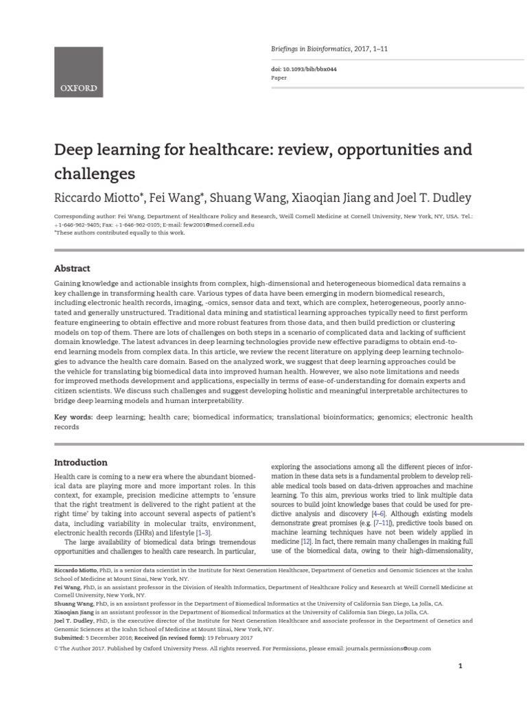 Deep Learning For Healthcare - Review, Opportunities and Challenges ...