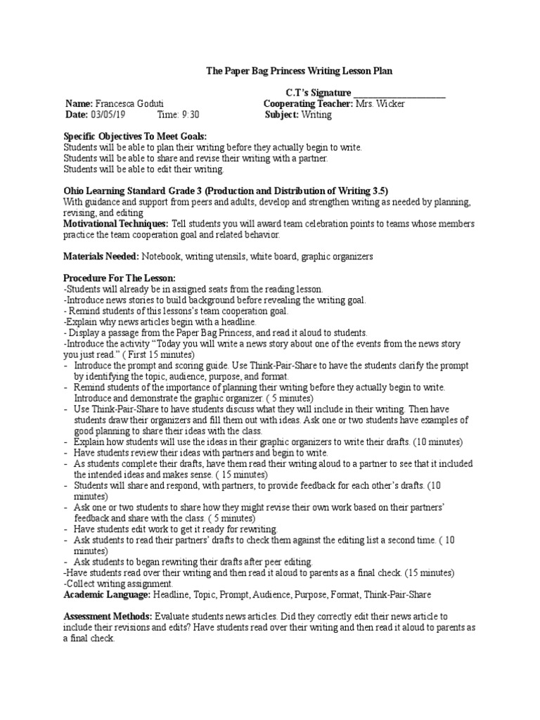 Lesson Plan - Paper Bag Princess PDF | PDF | Lesson Plan | Behaviorism