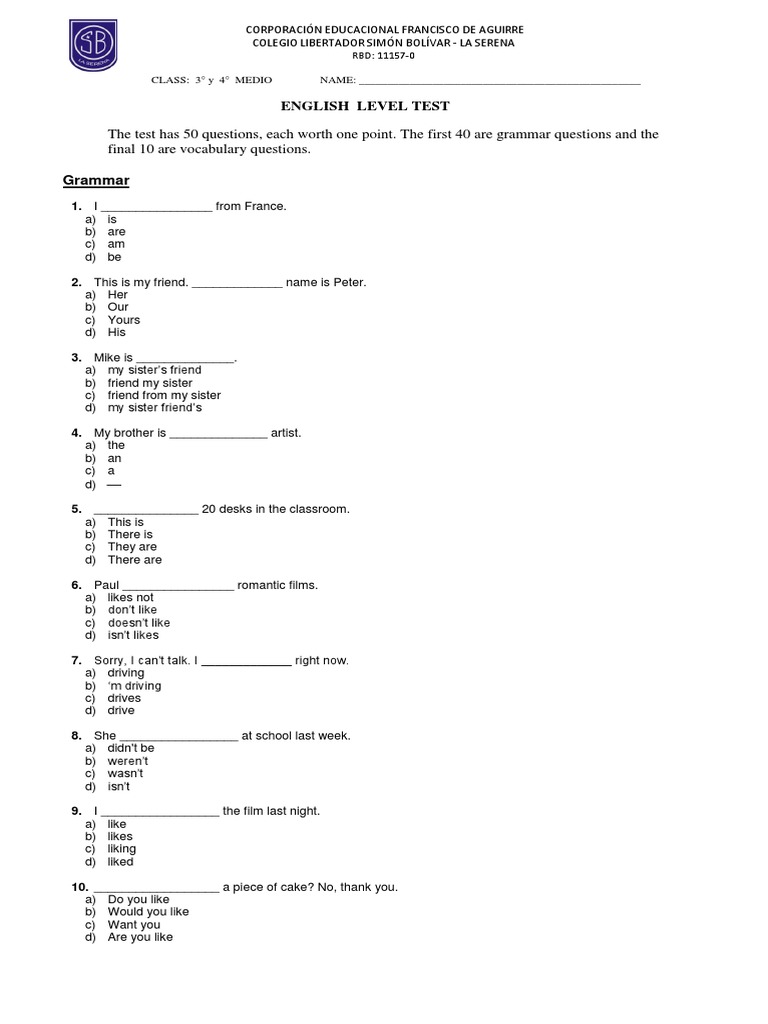 English Level Test The Test Has 50 Questions, Each Worth One Point. The ...