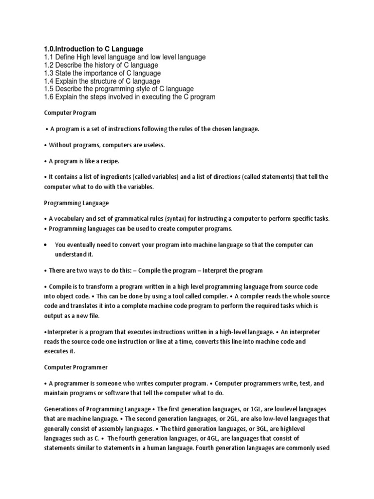 1.0.introduction To C Language | PDF | Programming Language | Computer Program