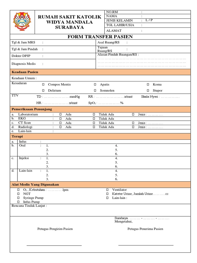 Rumah Sakit Katolik Widya Mandala Surabaya Form Transfer Pasien | PDF ...