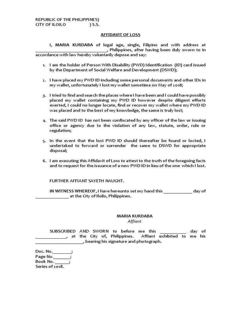 Affidavit of Loss for PWD ID | PDF