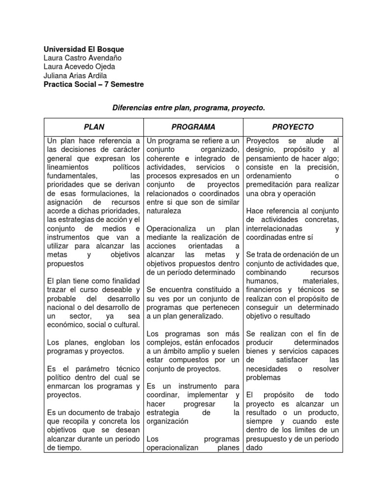 Diferencias Plan, Programa, Proyecto | PDF | Presupuesto | Diseño