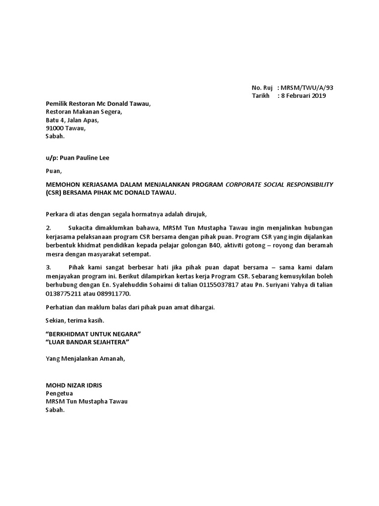 Surat Kerjasam MCD CSR | PDF