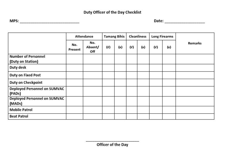 Daily Duty Officer Checklist | PDF