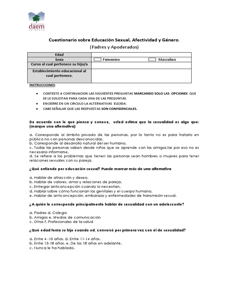 Cuestionario Sobre Educación Sexual Para Apoderados Pdf Educación