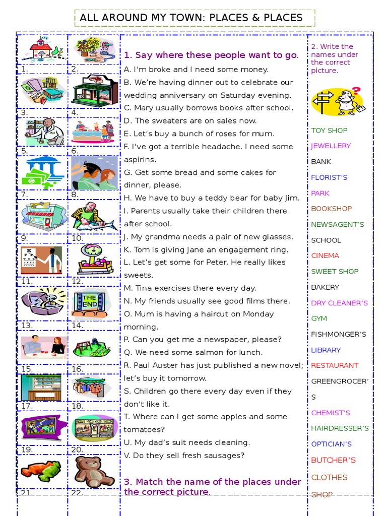 Places in My Town Worksheet | PDF | Leisure