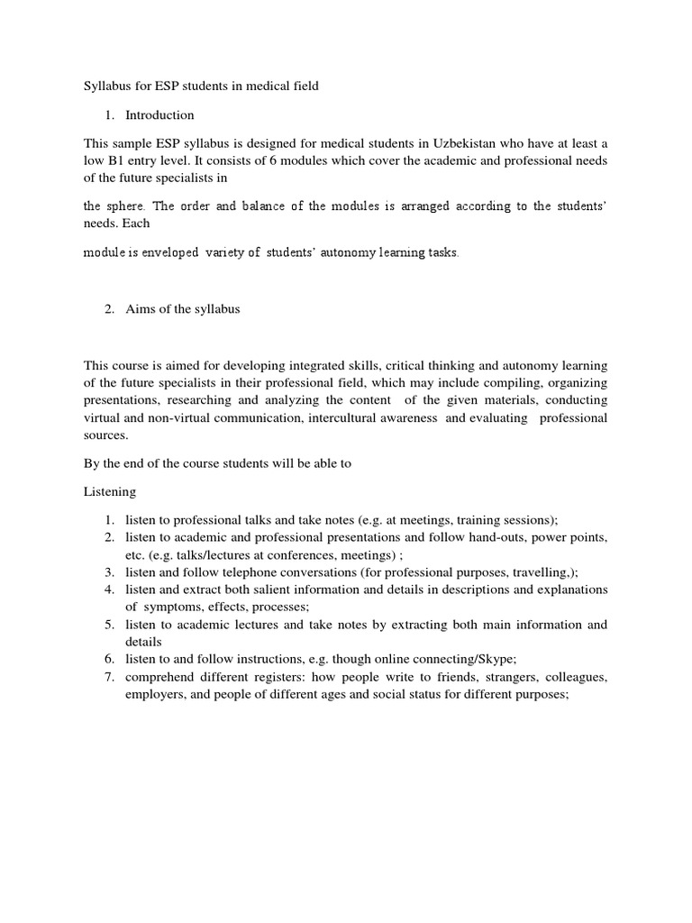 ESP Syllabus for Medical Students | PDF | Conversation | Social ...