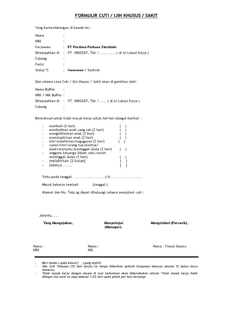 Form Cuti Izin Khusus Sakit (MS ND-NSAS Persaels) | PDF
