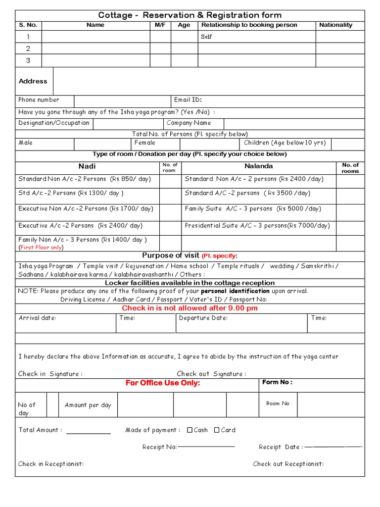 Cottage Reservation & Registration Form | PDF | Identity Document ...