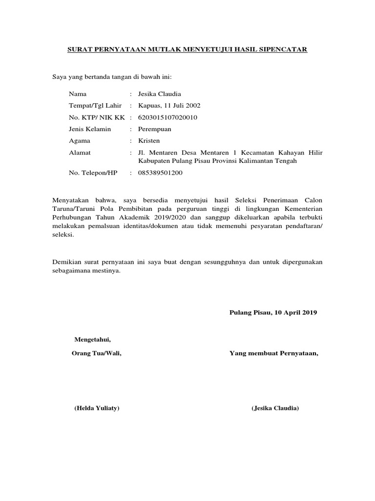 Surat Pernyataan Mutlak Menyetujui Hasil Sipencatar | PDF