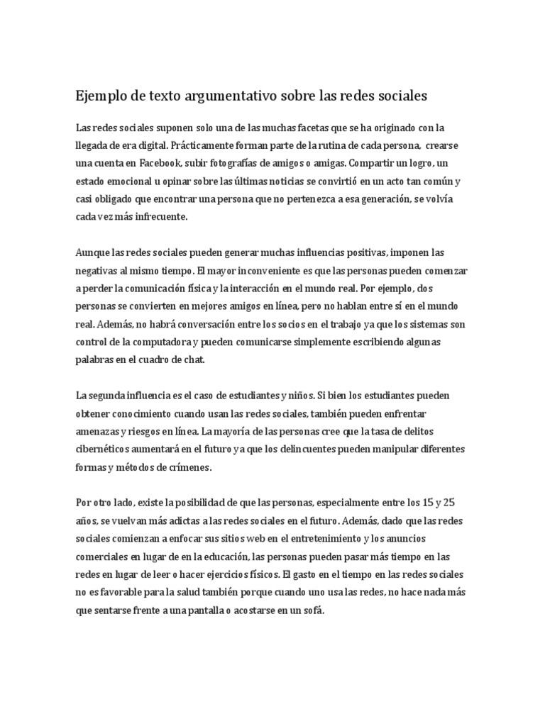 Ejemplo de texto argumentativo sobre las redes sociales.docx | Servicio ...