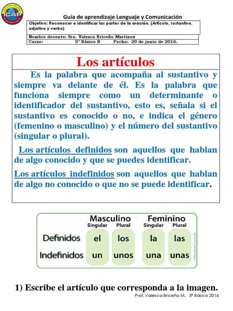 Guia de Las Partes de La Oración. 3° Básico | PDF | Sustantivo | Adjetivo