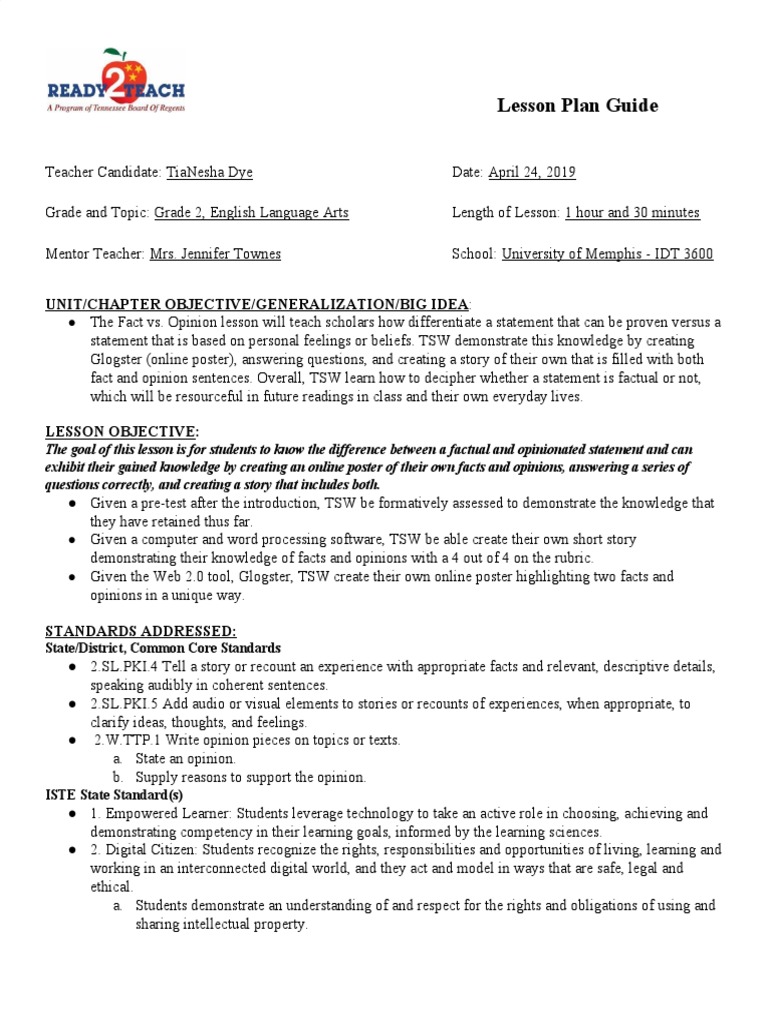 Lesson Plan Guide: Unit/Chapter Objective/Generalization/Big Idea ...