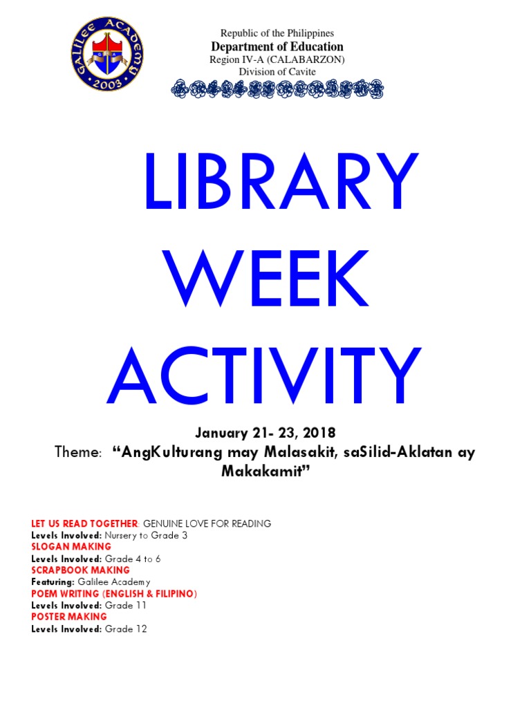 Library Week Activity: Galilee Academy | PDF | Southeast Asia | Philippines