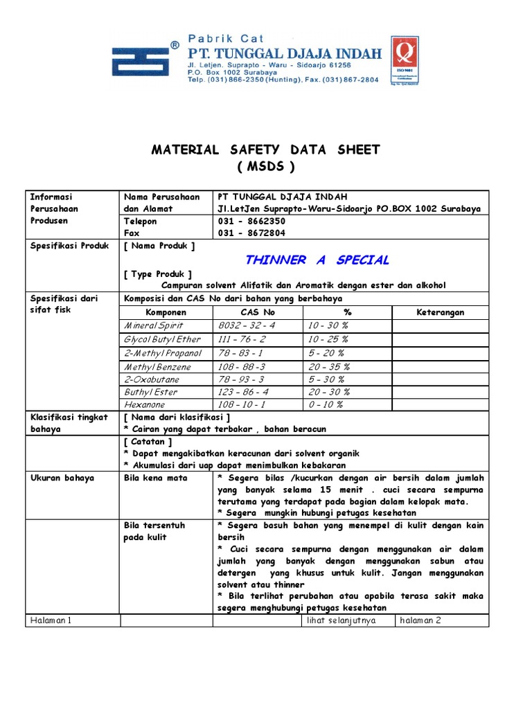 MSDS Thinner A Special - B Indo | PDF