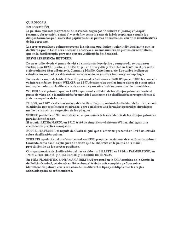 Historia y Aplicación de la Quiroscopía | PDF | Huella dactilar ...