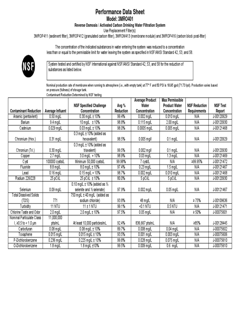 Performance Data Sheet: Model: 3MRO401 | PDF | Arsenic | Water Purification