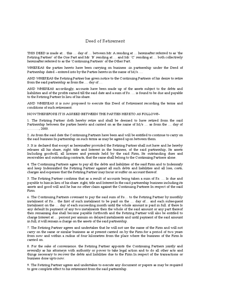 Retirement Deed | PDF | Partnership | Indemnity