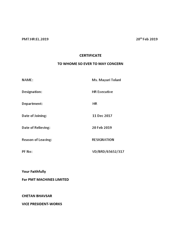 Certificate: To Whome So Ever To May Concern | PDF