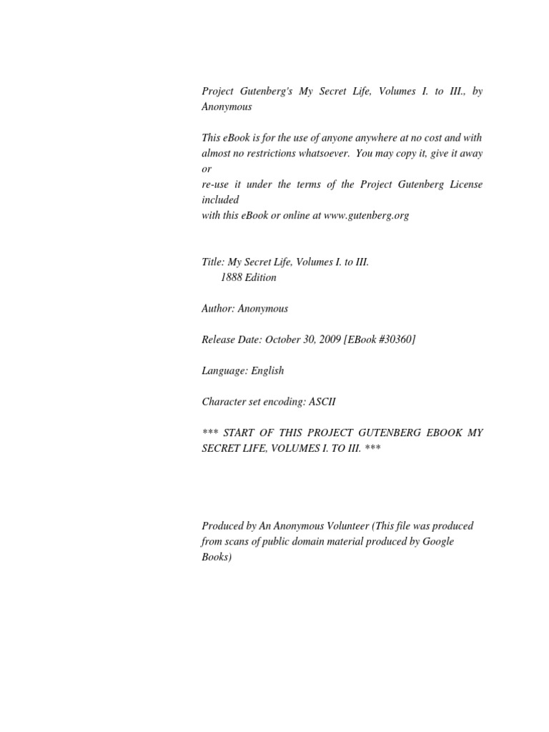 E Book My Secret Life Pdf Project Gutenberg Public Domain