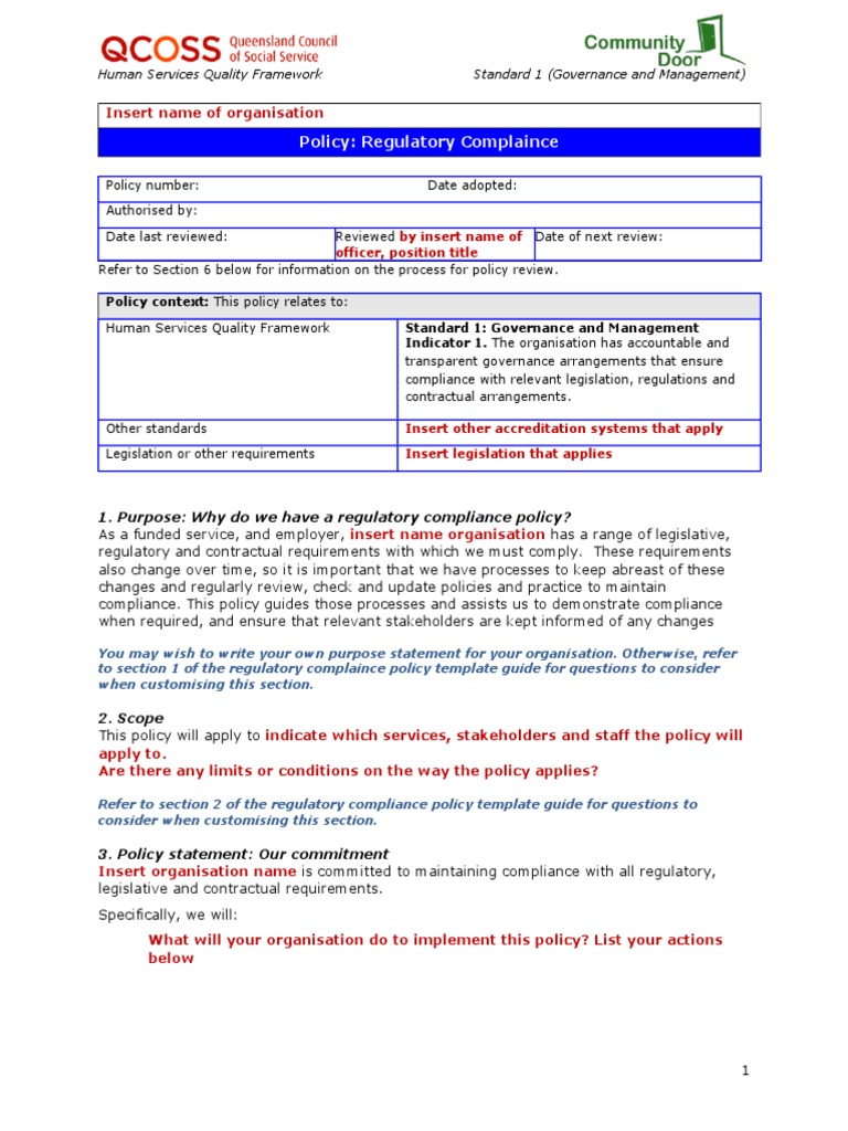 1.18 Regulatory Compliance Policy-Template | PDF | Regulatory ...